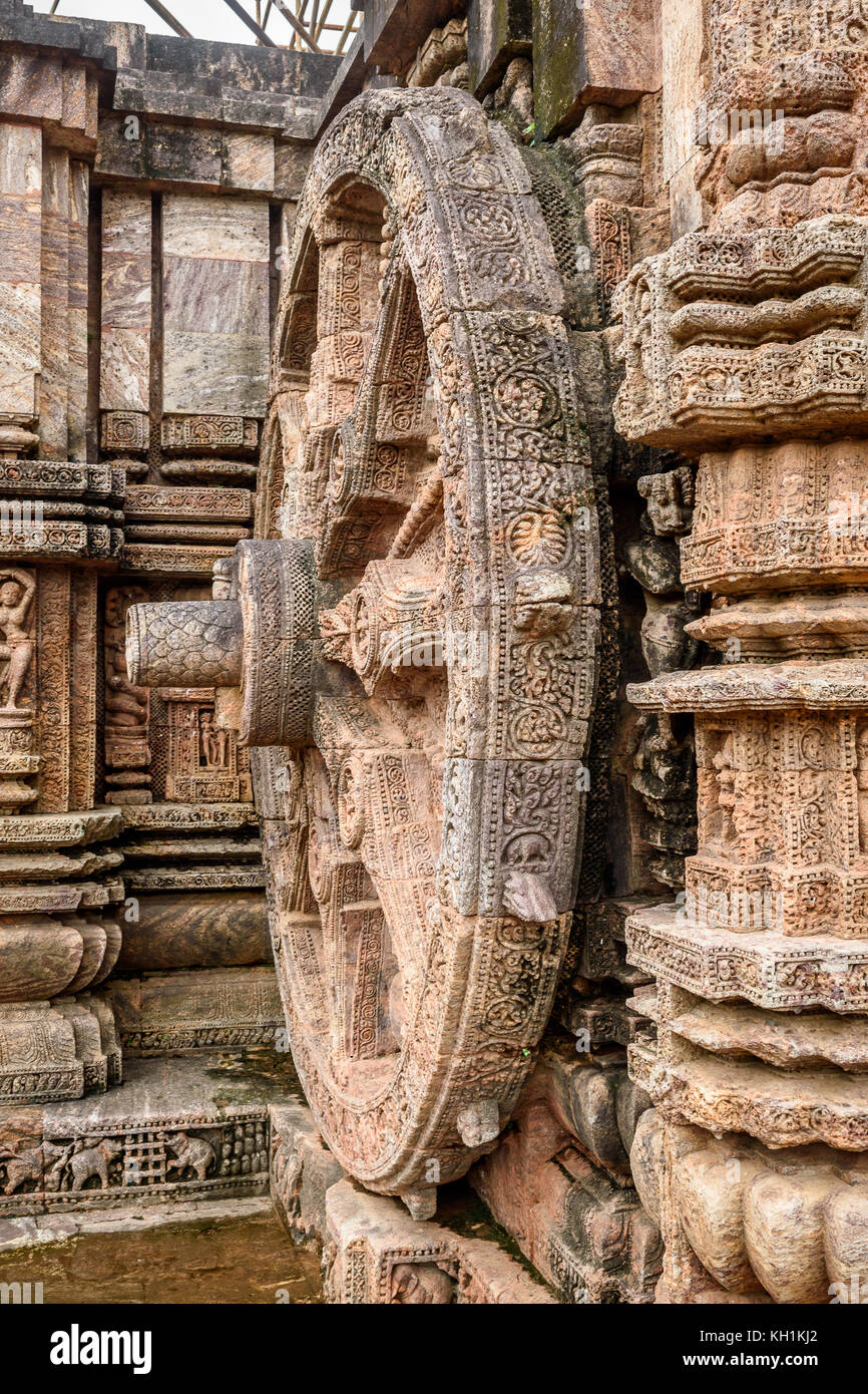 Close up of Intricate carvings on a stone wheel in the ancient Hindu ...