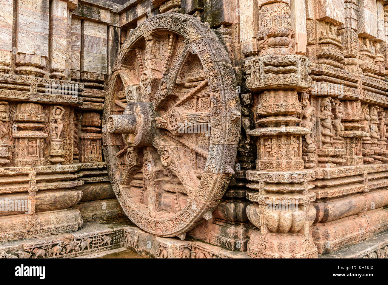 Close up of Intricate carvings on a stone wheel in the ancient Hindu ...