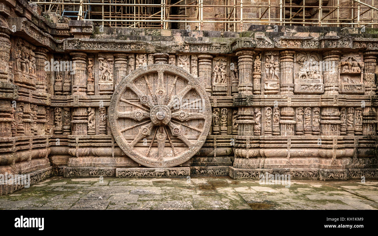 Close up of Intricate carvings on a stone wheel in the ancient Hindu ...