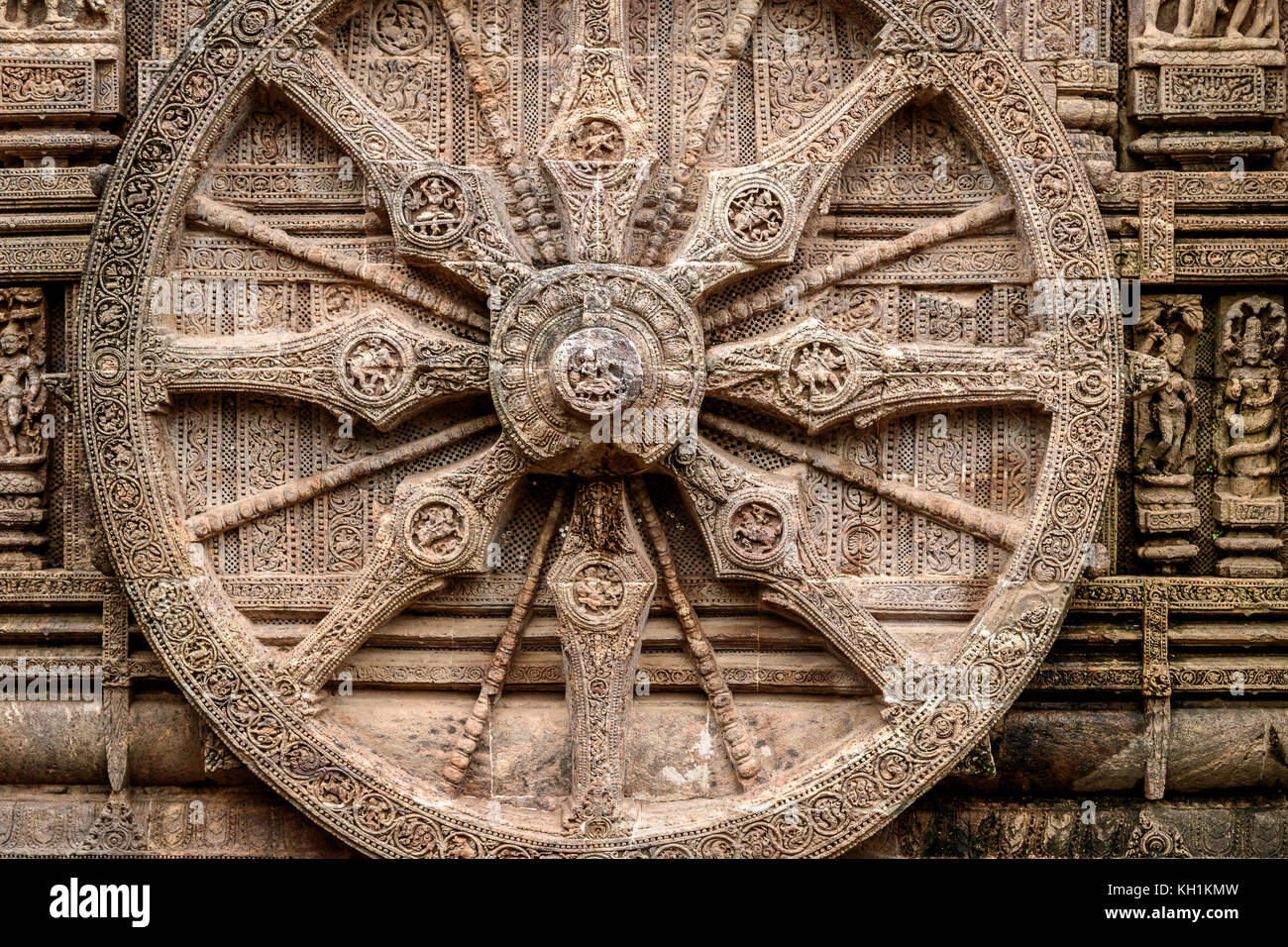 Close up of Intricate carvings on a stone wheel in the ancient Hindu ...