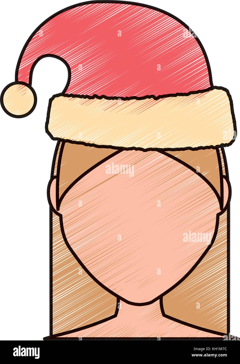 flat line colored woman face with santa hat doodle over white backgrond ...