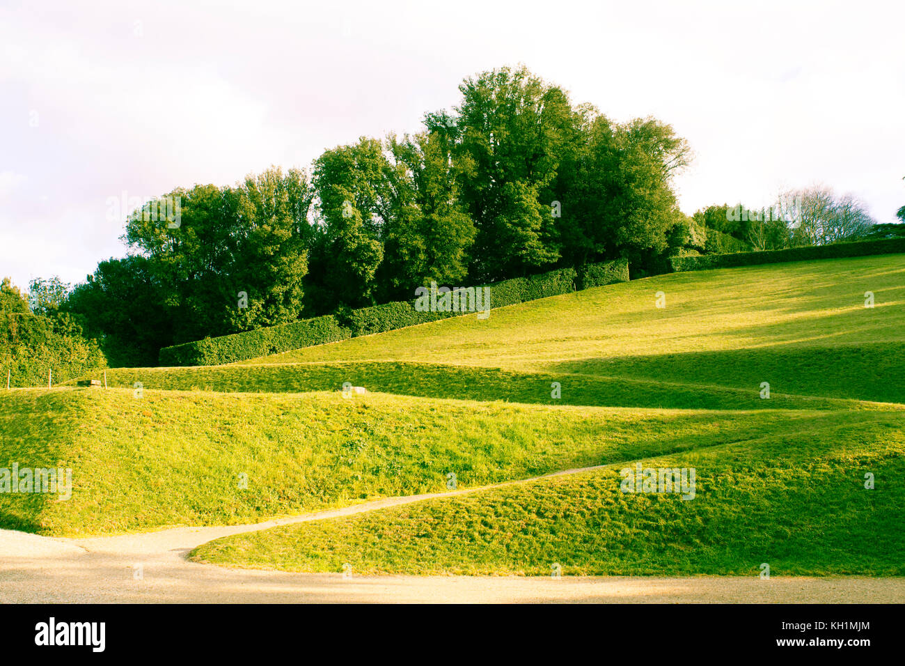 A very bright green and natural landscape with a central path Stock ...