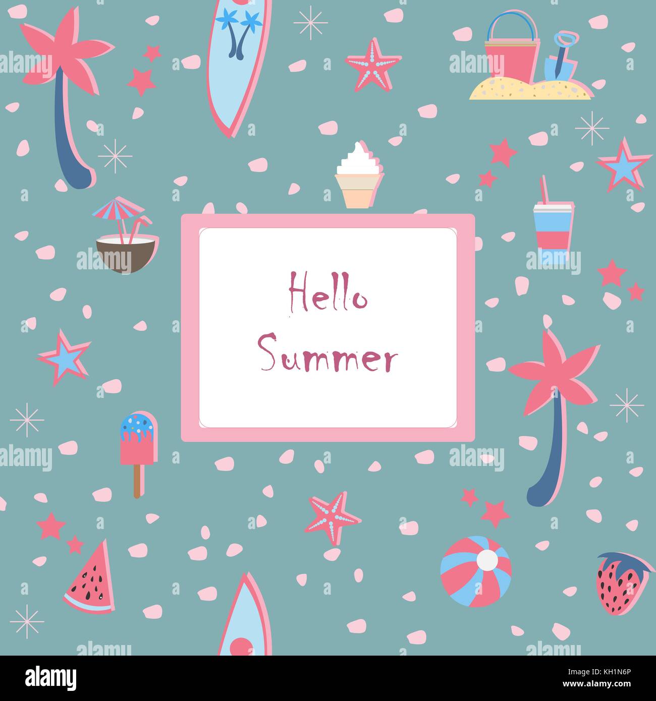 Cute Hello Summer Card with summer elements. Vector Illustration Stock ...