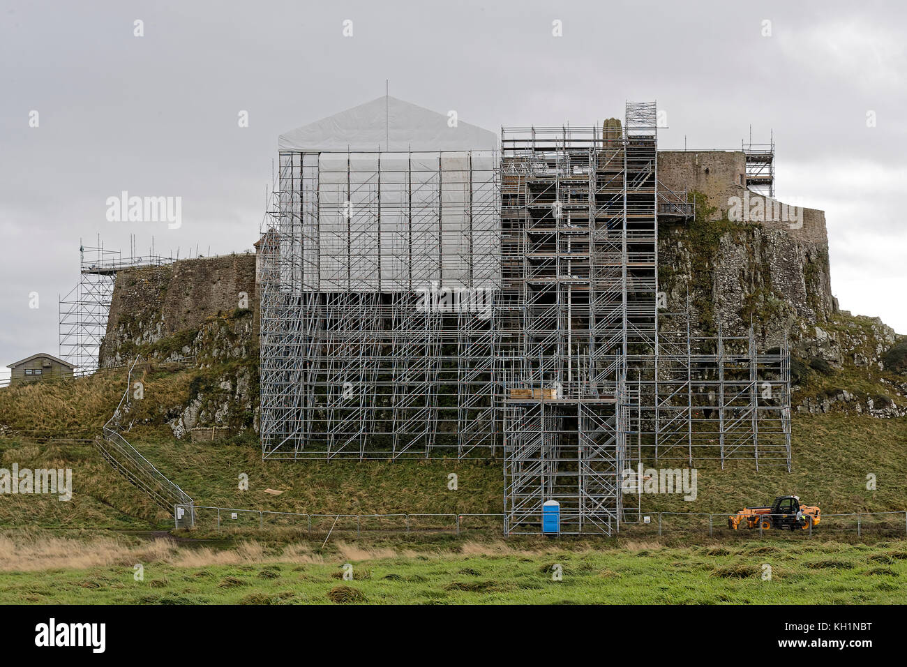 Scaffolding enveloping Lindisfarne Castle during major renovation works ...