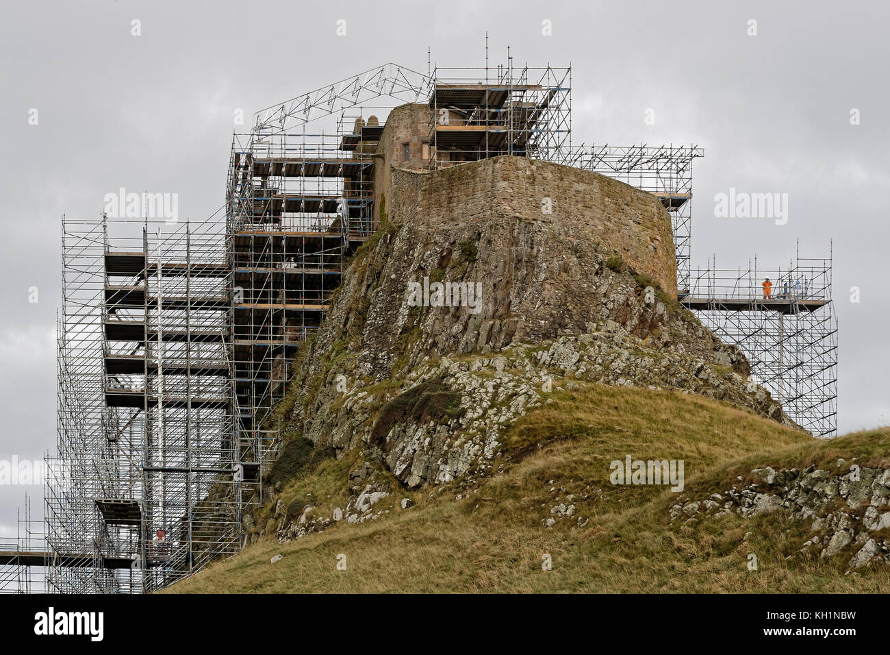 Scaffolding enveloping Lindisfarne Castle during major renovation works ...