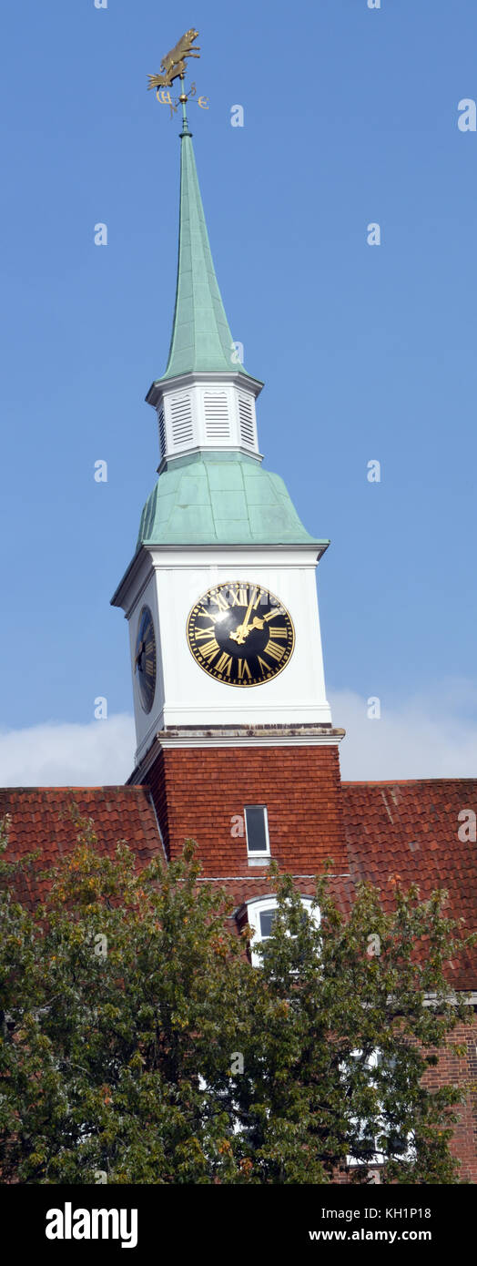 Tower with clock, spire and weather vane above the Hampshire County ...