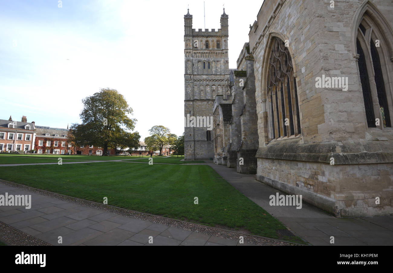 Exeter Cathedral and the Cathedral Green. Exeter, Devon, UK Stock Photo ...