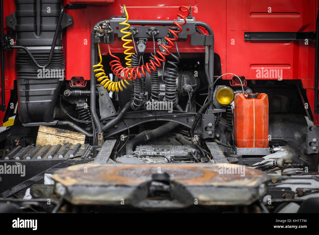 Close-up of the rear of the red cab of the truck Stock Photo - Alamy