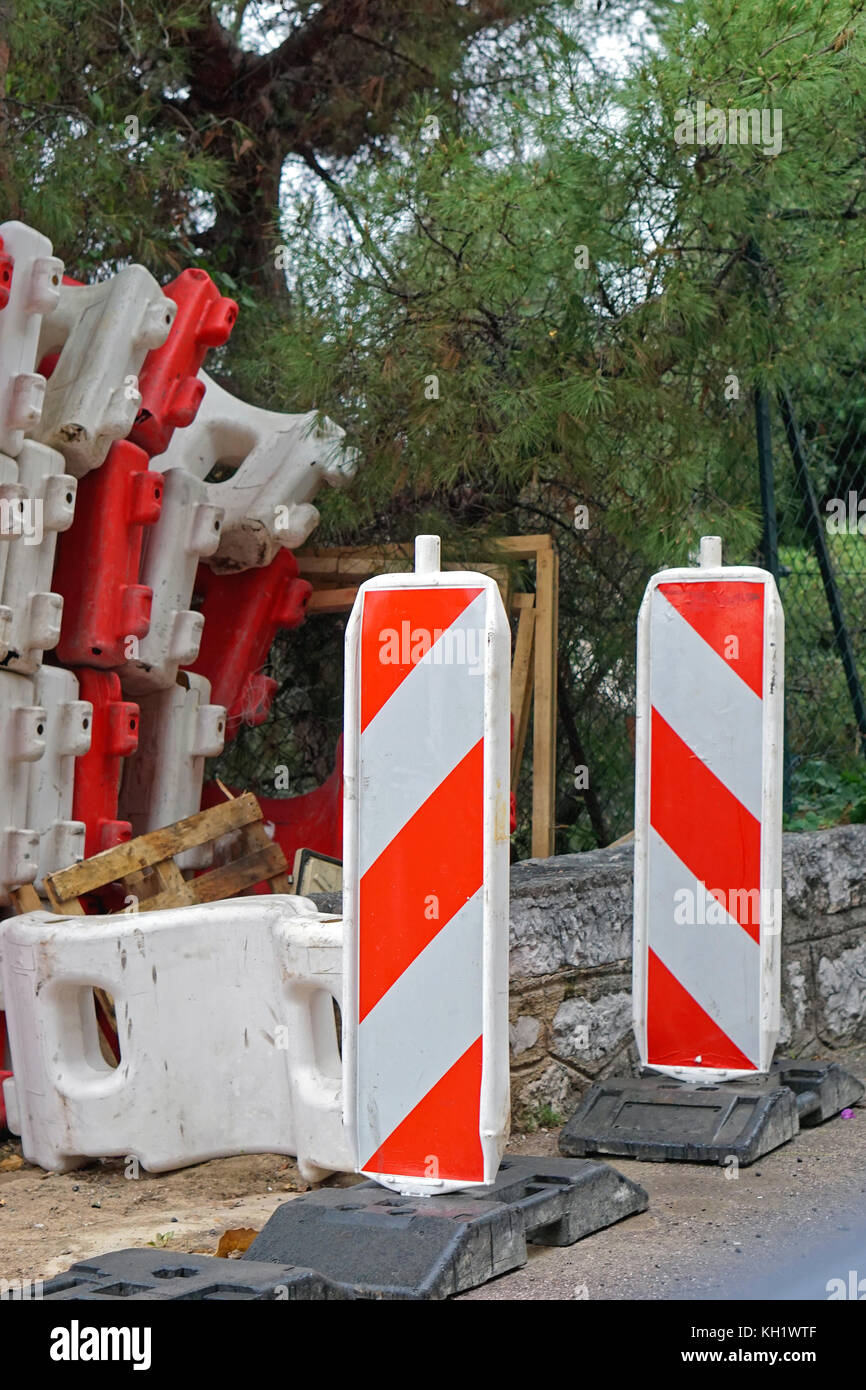 Traffic sign safety barriers at road works site Stock Photo - Alamy