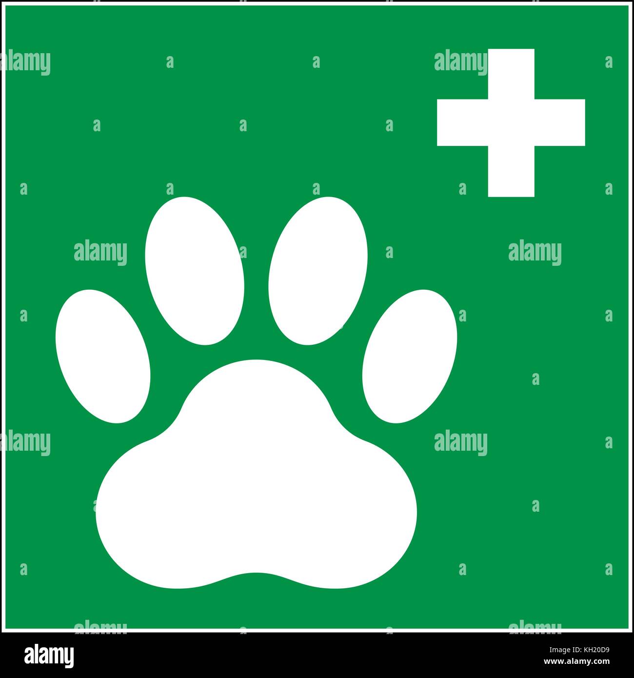 Pet emergency first aid, green sign with white paw symbol and cross ...