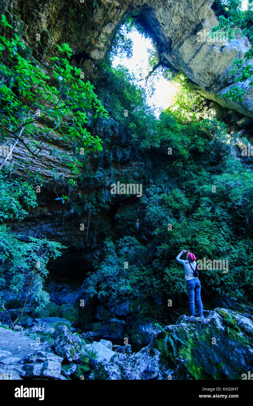 Woman looking at the stunning Oparara arch in the Oparara Basin ...