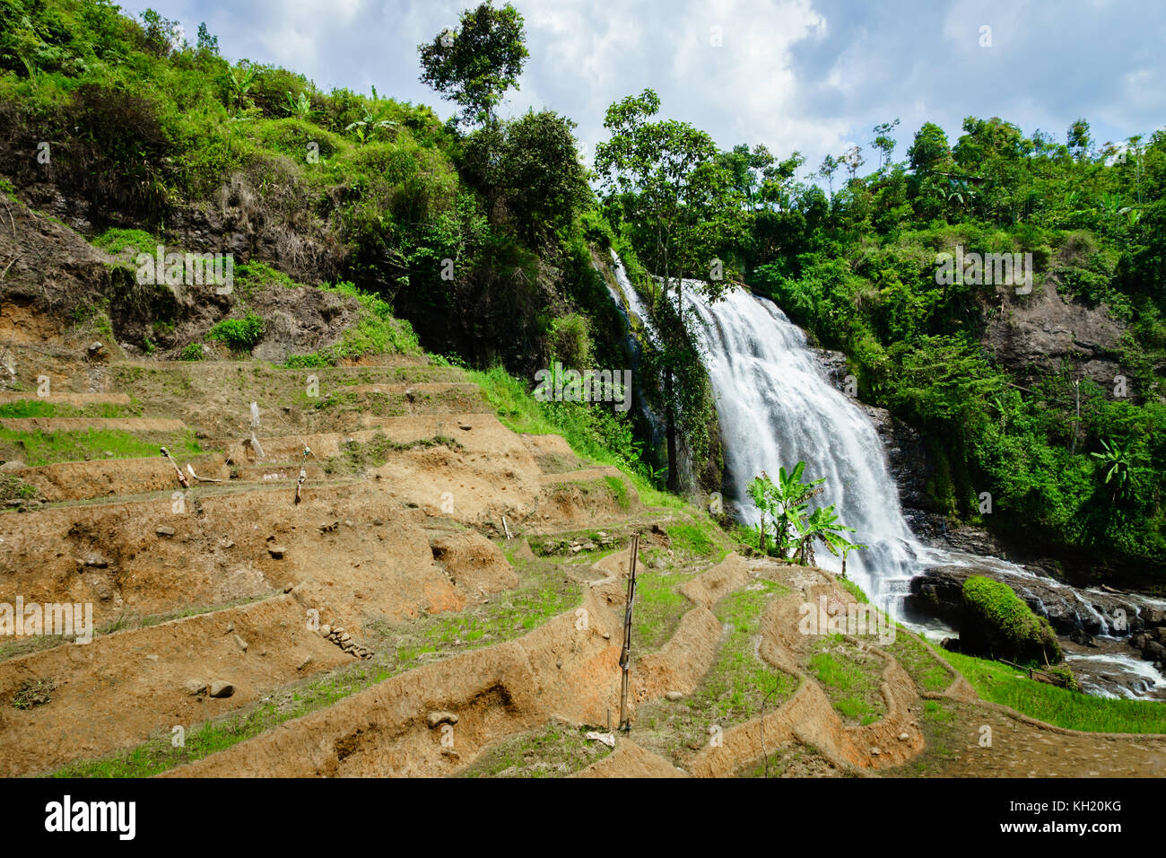 Waterfall, countryside landscape in a village in Cianjur, Jawa ...