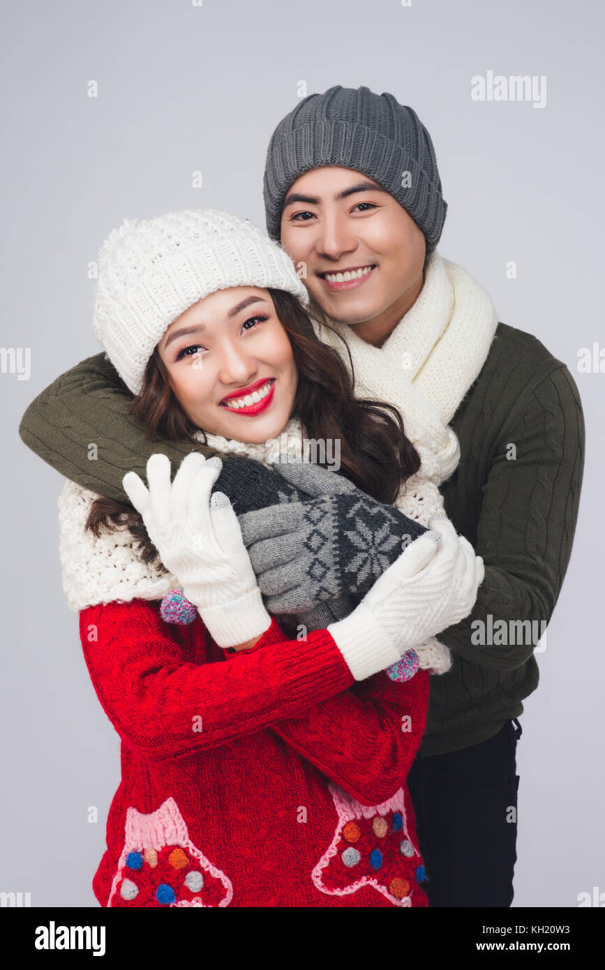 Happy young hipster couple hugging. Cold season. Romantic mood Stock ...