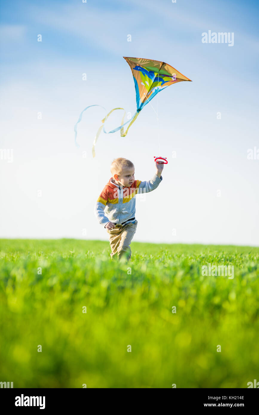 Young boy flies his kite in an open field. Little kid playing with kite ...