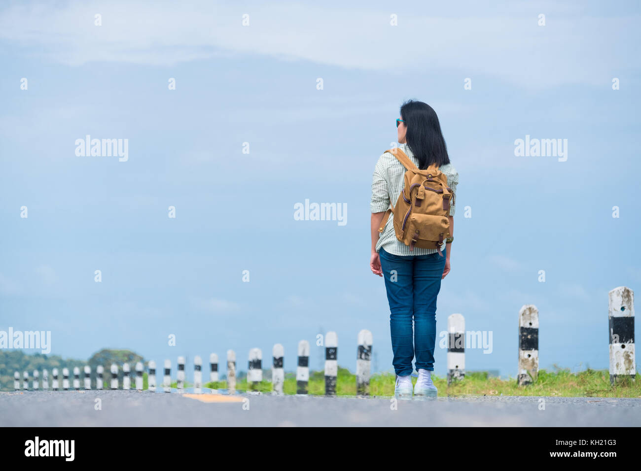 Traveler with backpack looking at blue sky,asia woman backpacker ...