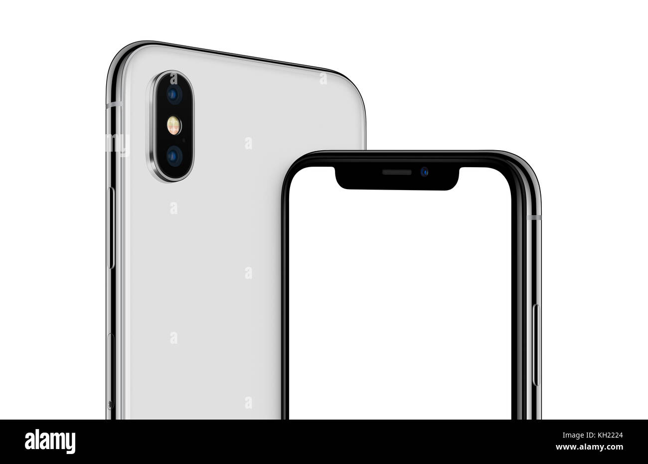 Rotated white smartphone mockup similar to iPhone X front and back ...