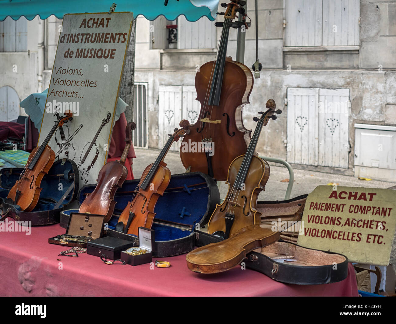 SANITES, FRANCE - SEPTEMBER 10, 2017: Musical Instruments for sale at a ...