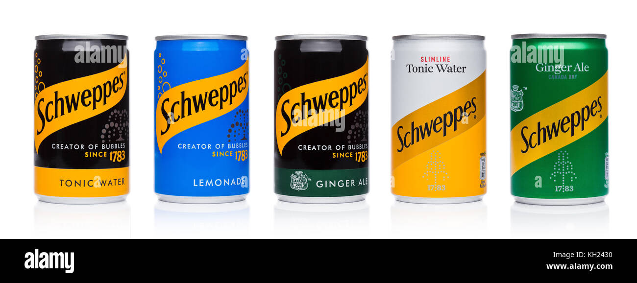 LONDON, UK - NOVEMBER 10, 2017: Schweppes tins soda drinks taste on ...