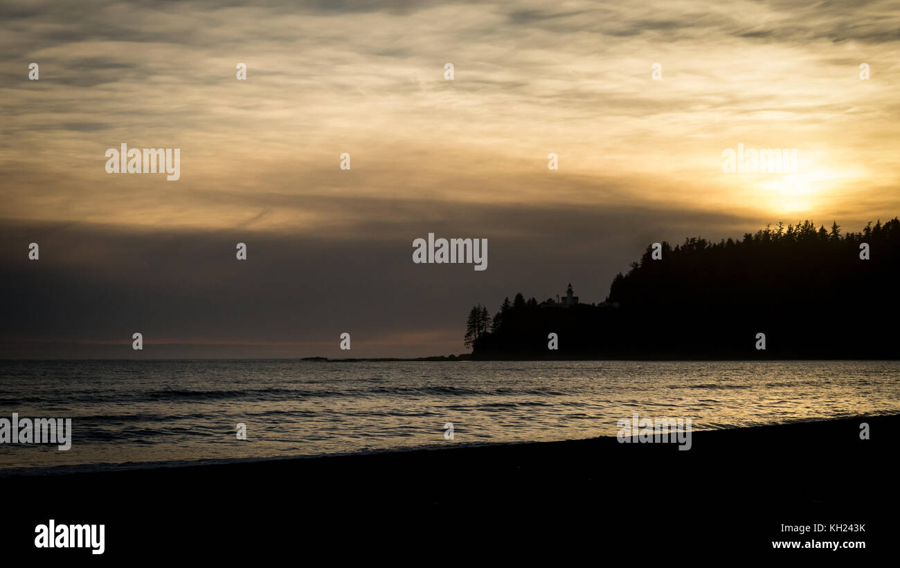 Sunset over Carmanah lighthouse and Carmanah beach as seen from the ...