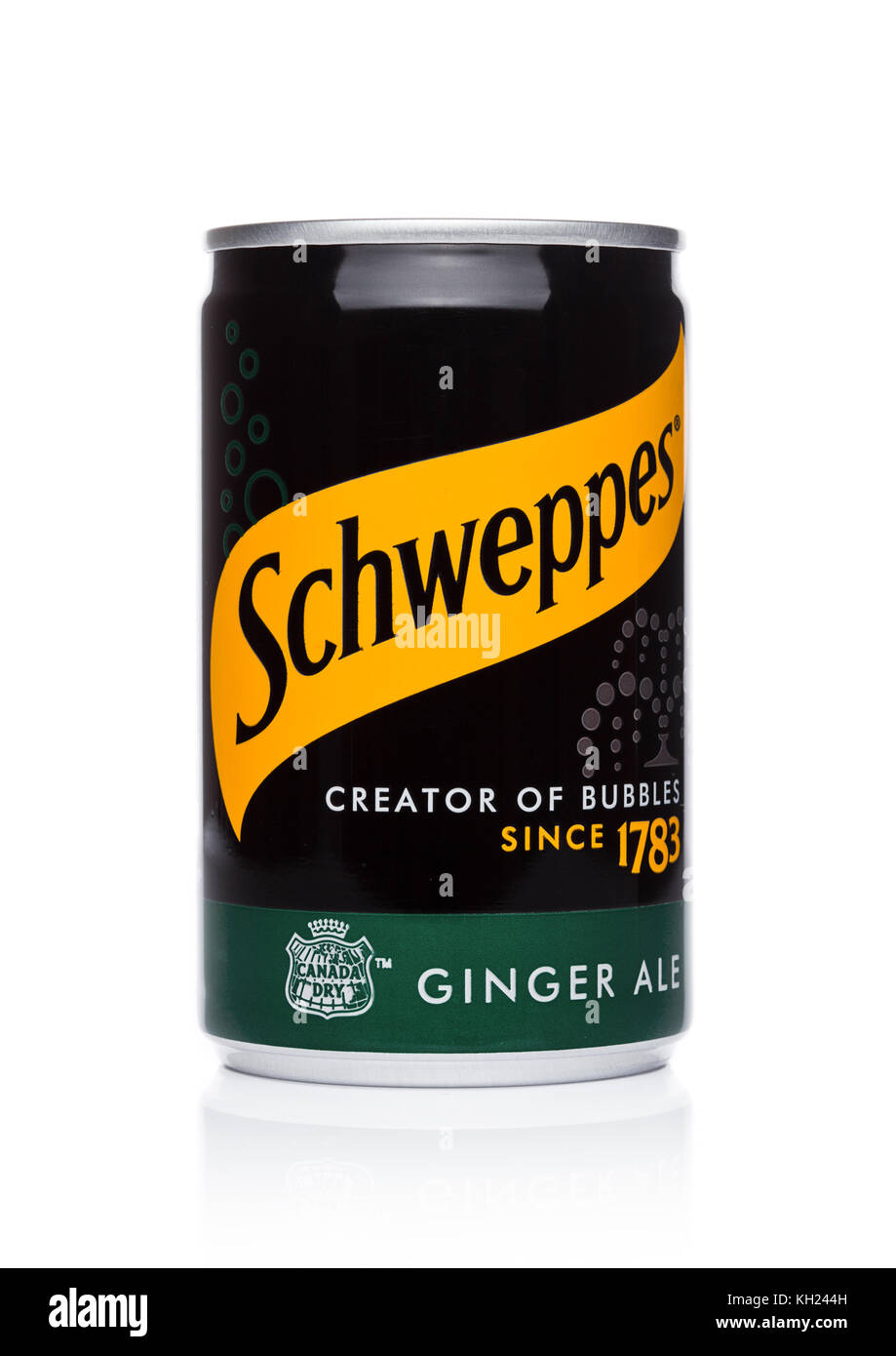 LONDON, UK - NOVEMBER 10, 2017: Schweppes tin ginger ale taste on white ...