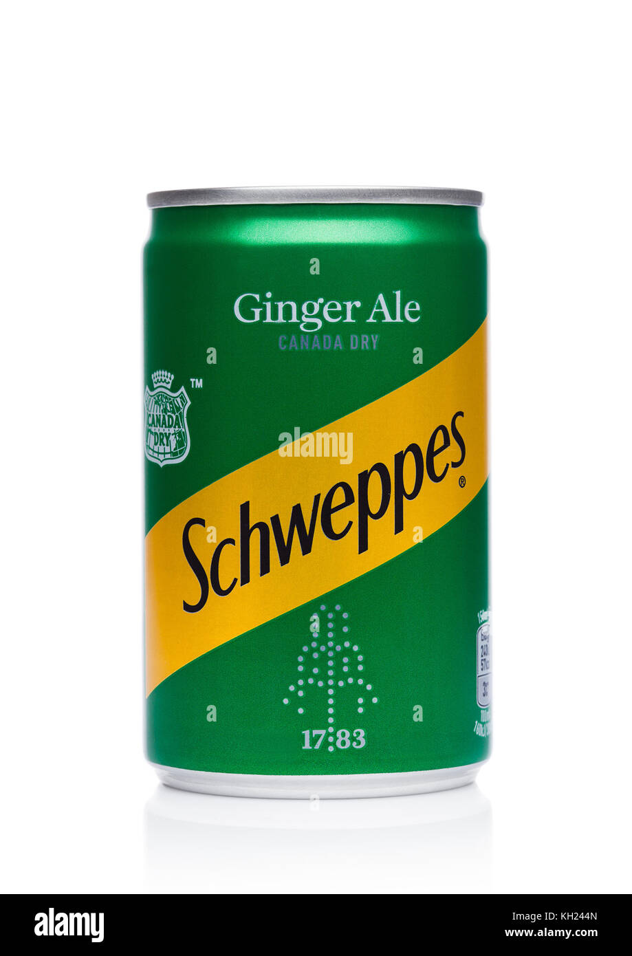 LONDON, UK - NOVEMBER 10, 2017: Schweppes tin ginger ale taste on white ...