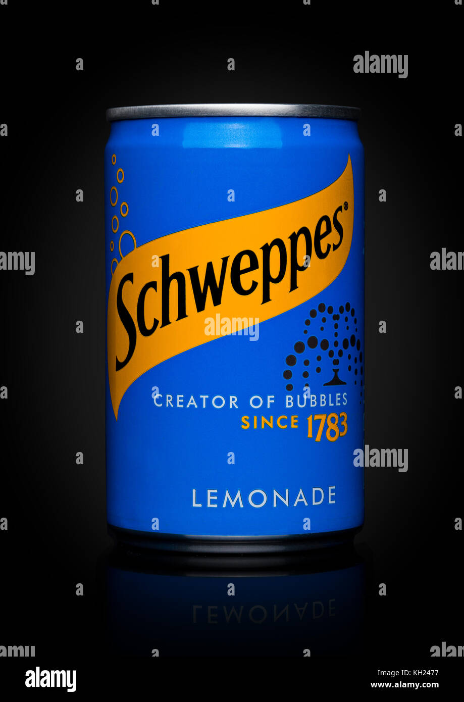 LONDON, UK - NOVEMBER 10, 2017: Schweppes tin lemonade taste on black ...