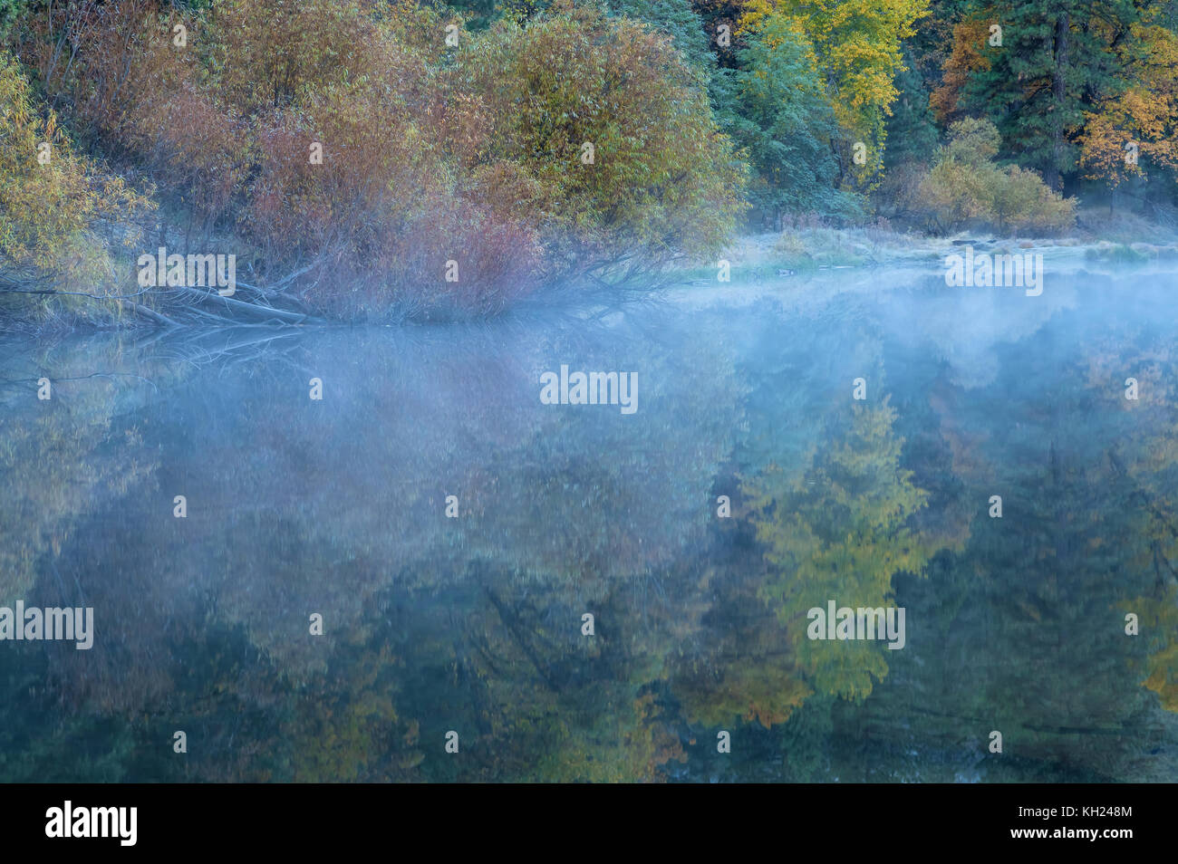 Low mist form on the water surface of the Merced River, and the fall ...