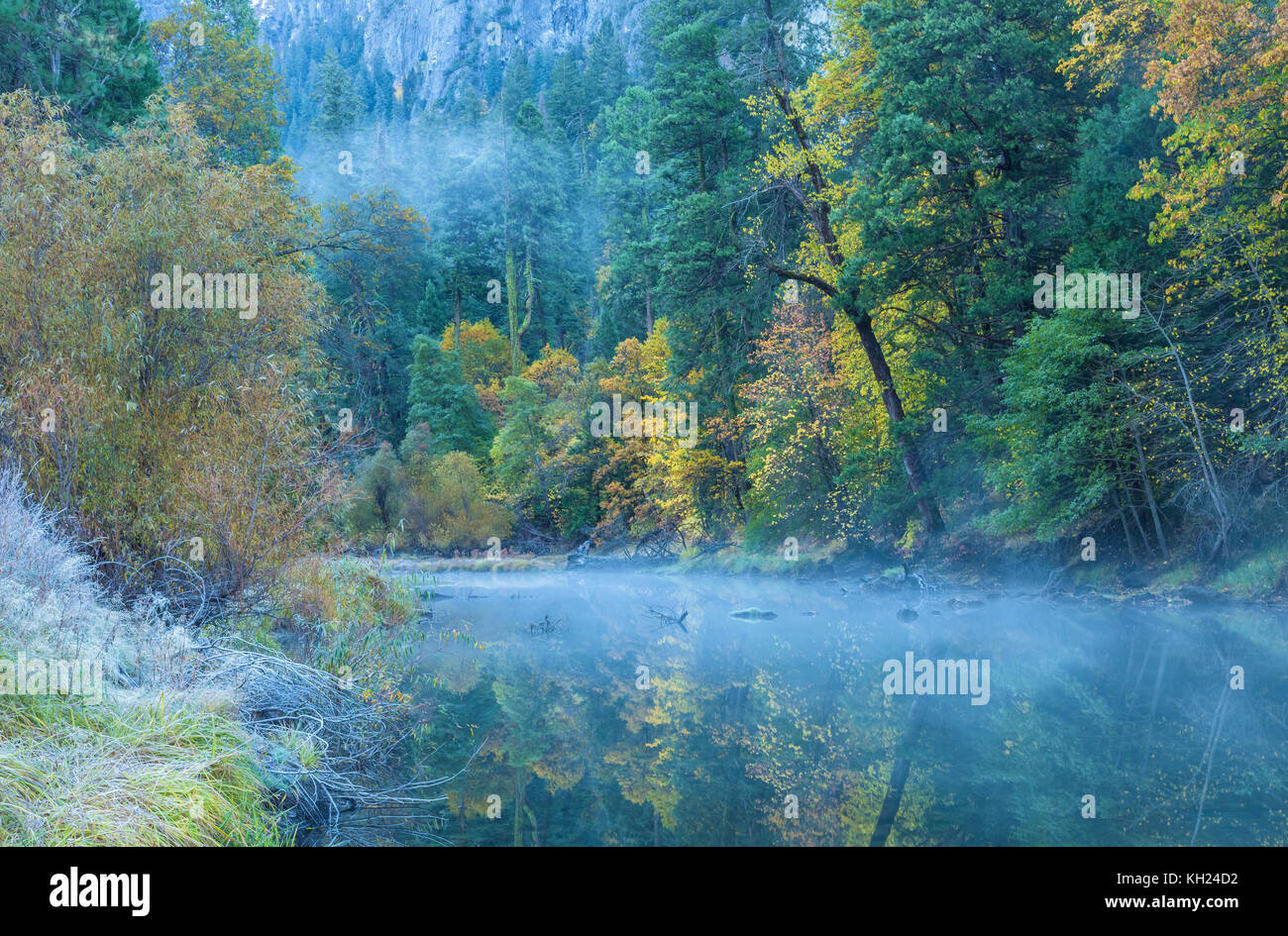 Low mist form on the water surface of the Merced River, and the fall ...