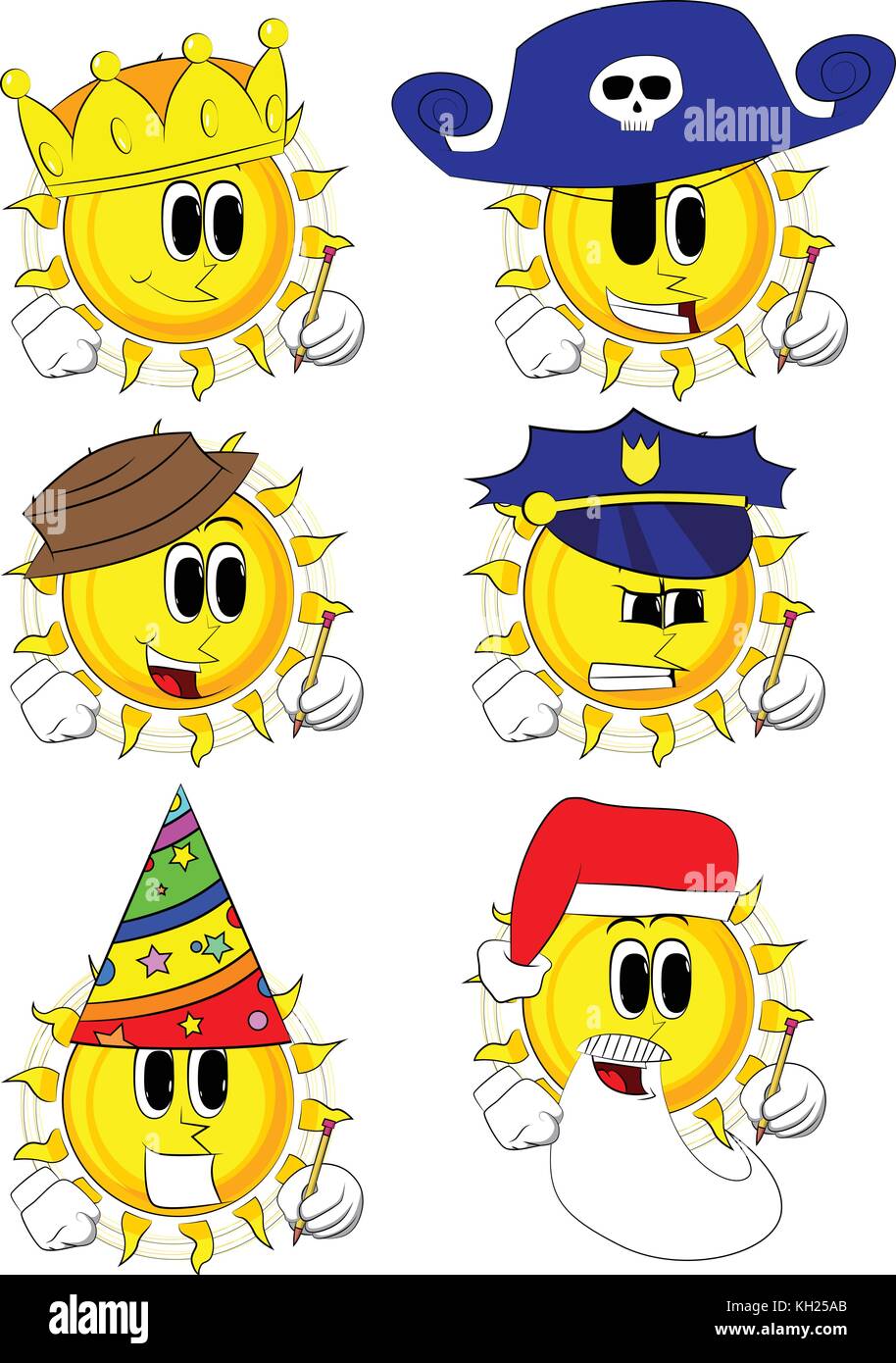 Cartoon sun writing with pencil. Collection with costume. Expressions ...