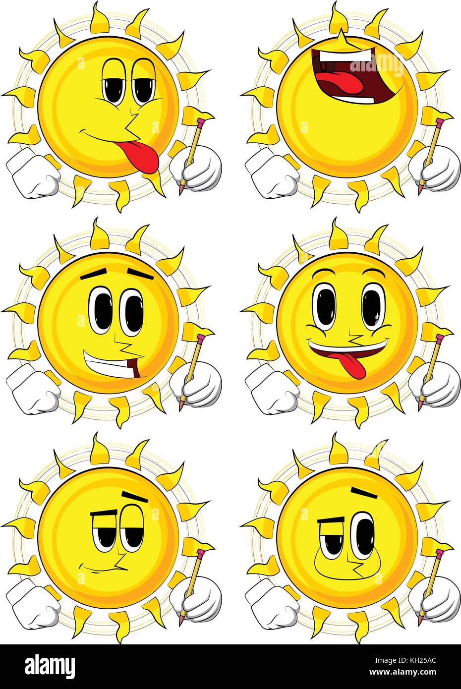 Cartoon sun writing with pencil. Collection with happy faces ...