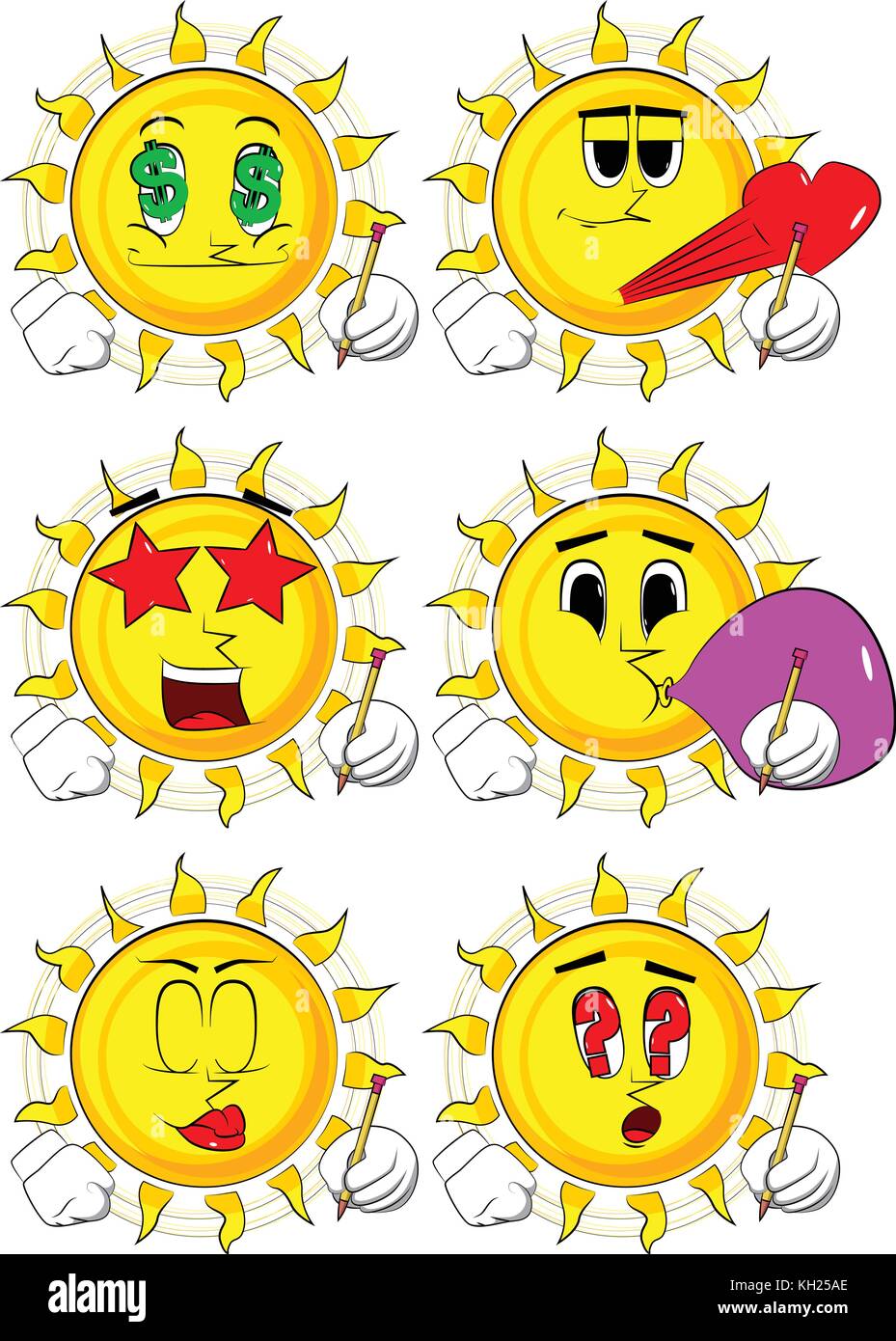 Cartoon sun writing with pencil. Collection with various facial ...