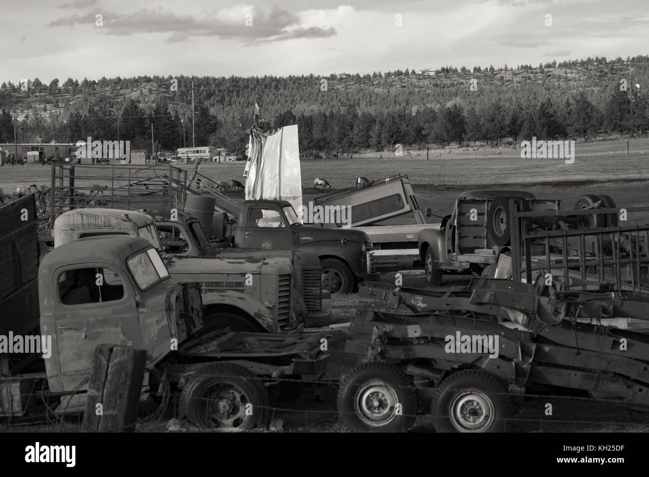 Old junk vehicles on a ranch in a small town in northeastern California ...