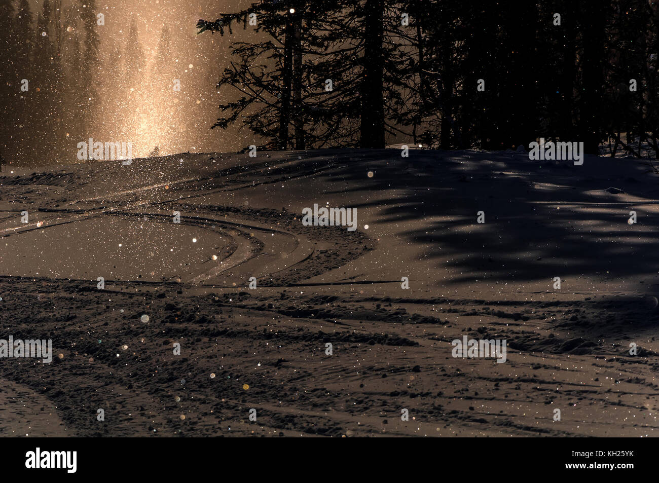 Beautiful winter view with snow with sunlight from below the mountain ...
