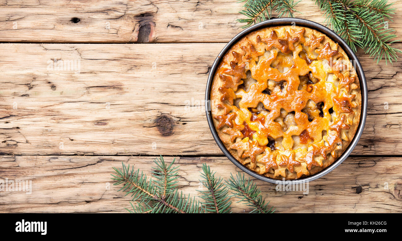 traditional christmas homemade pie on a retro background Stock Photo ...