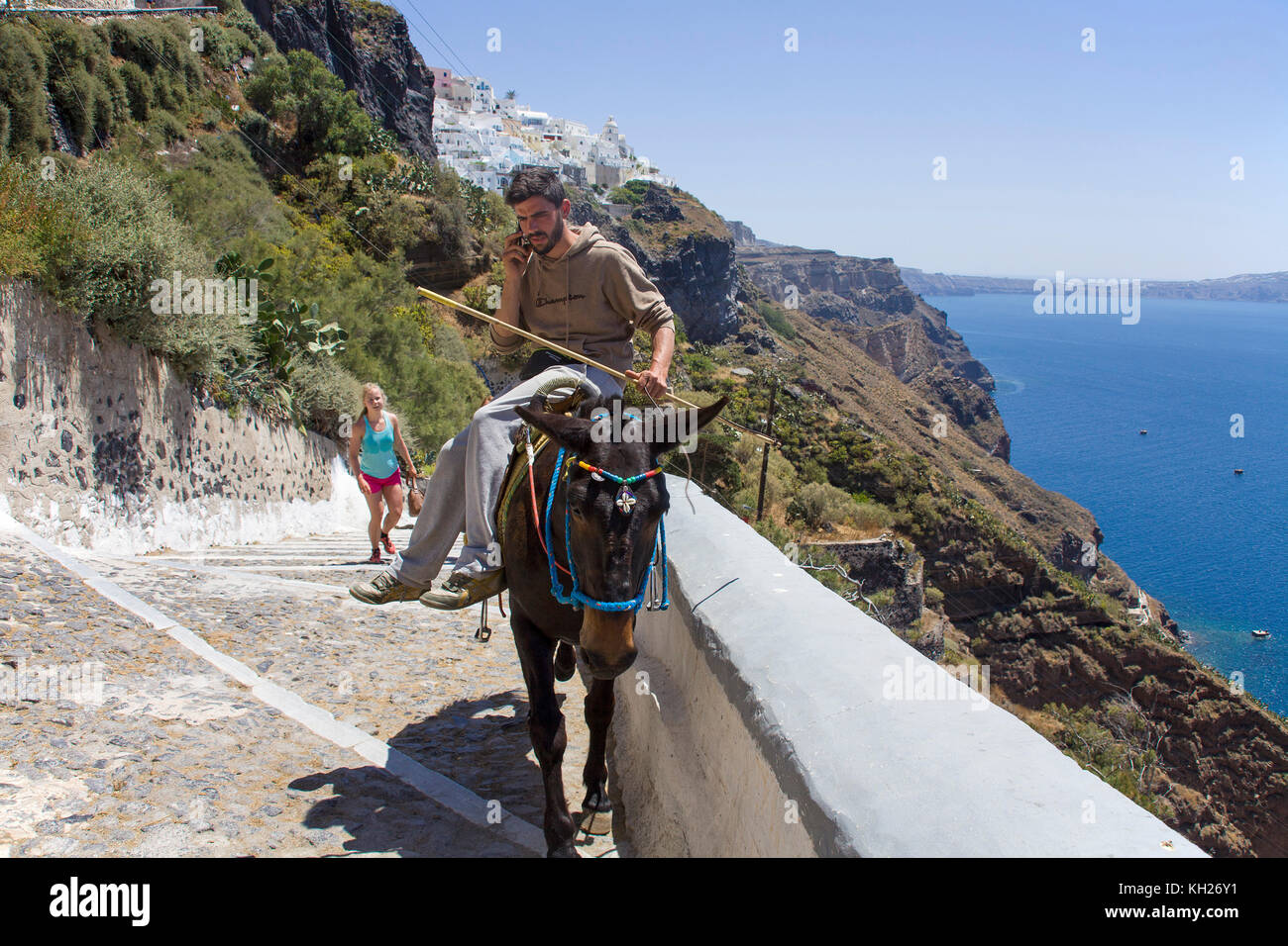 Local man phoning on a donkey, ride up the Scala, 700 steps up from the ...