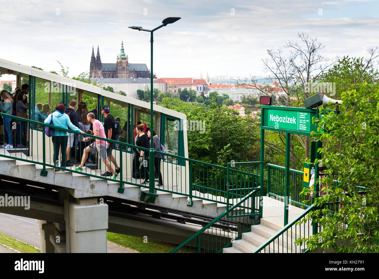 PRAGUE, CZECH REPUBLIC - JUNE 17: Tourists on funicular railway station ...
