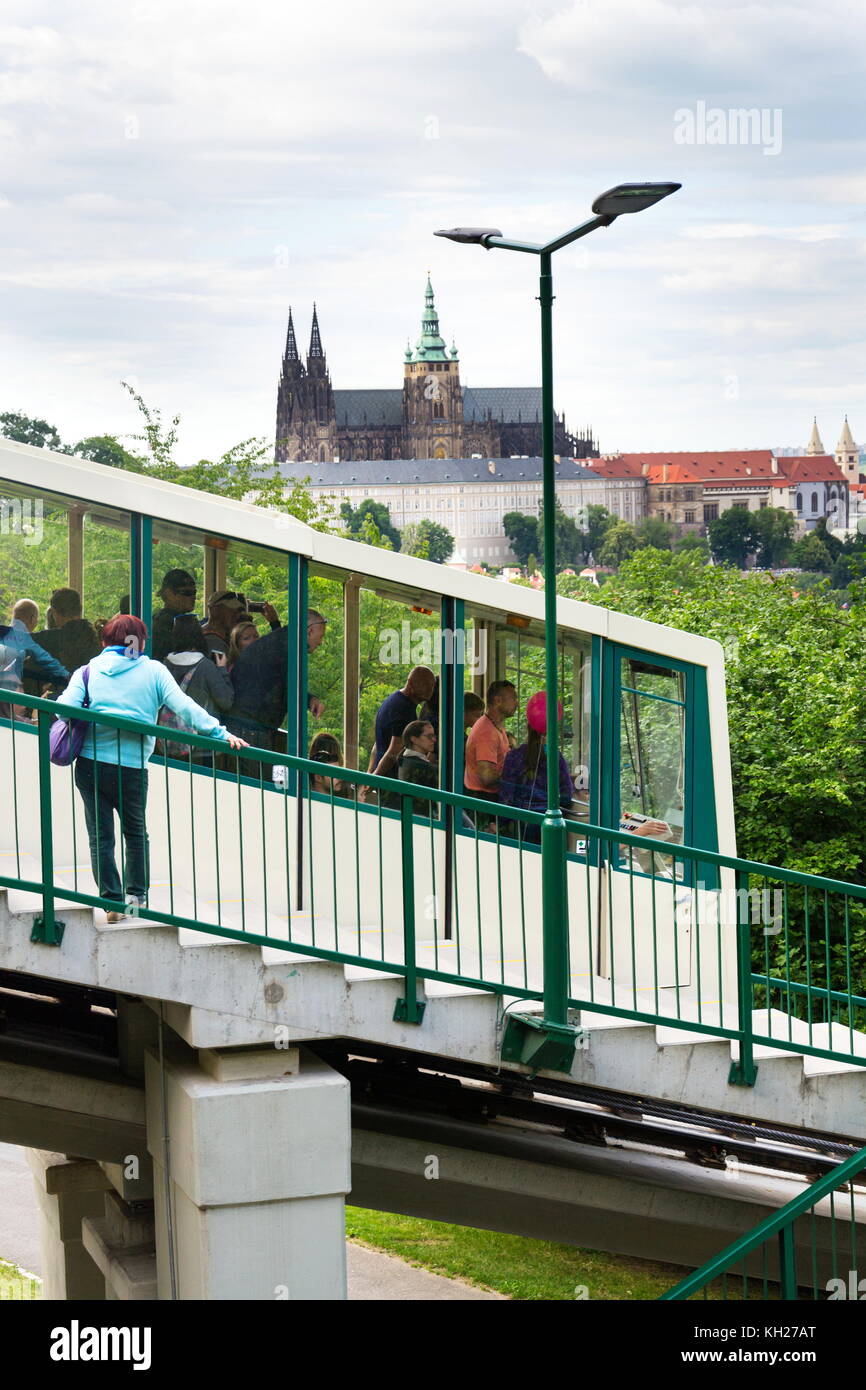 PRAGUE, CZECH REPUBLIC - JUNE 17: Tourists on funicular railway station ...