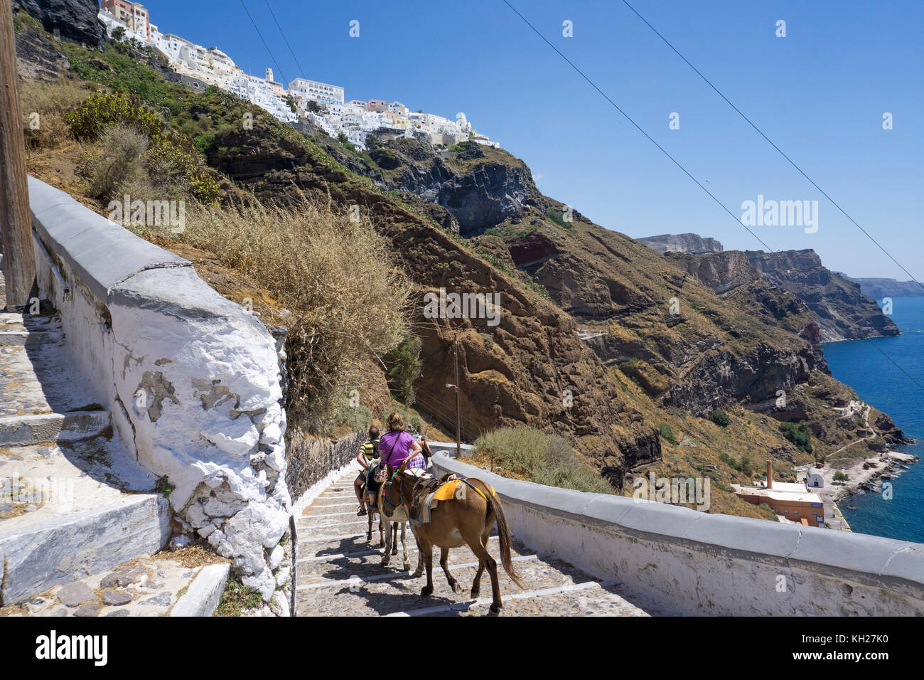 Tourists on donkeys riding down to the old harbour of Thira, Santorini ...
