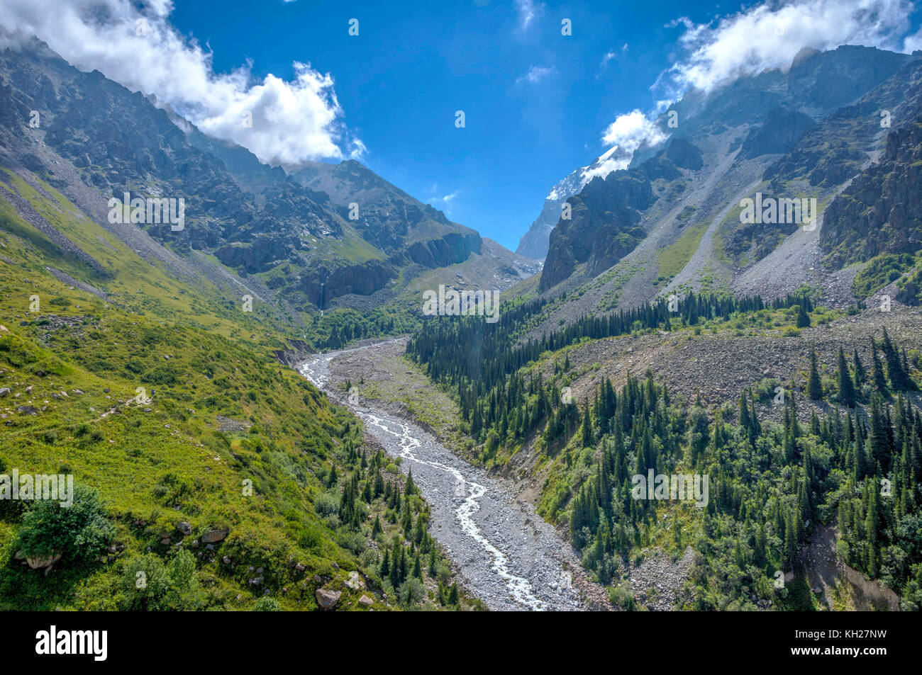 Valley with river and forest in Ala Archa national park, Kyrgyzstan ...
