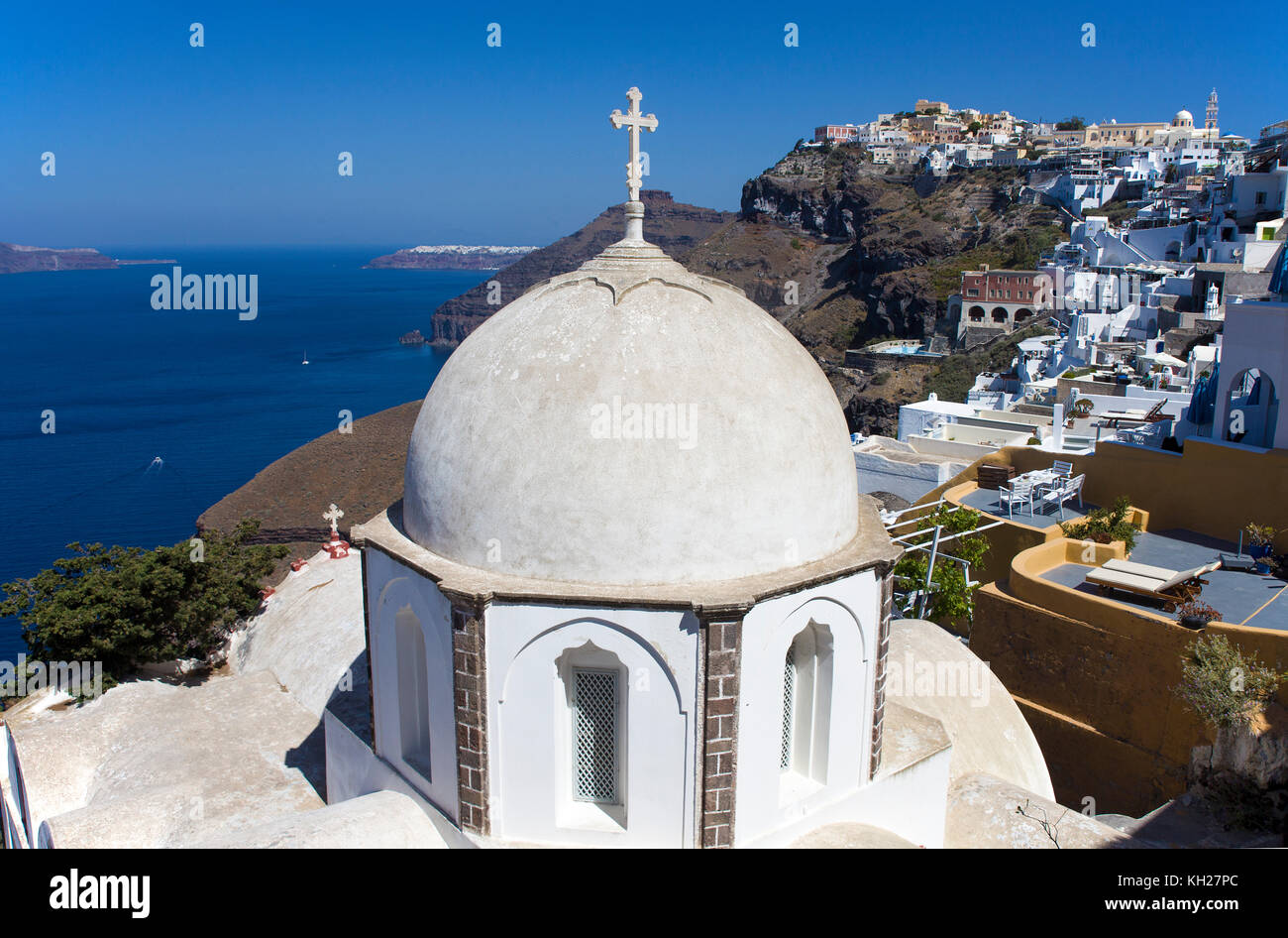 Orthodox church at the crater edge, Thira, Santorin island, Cyclades ...