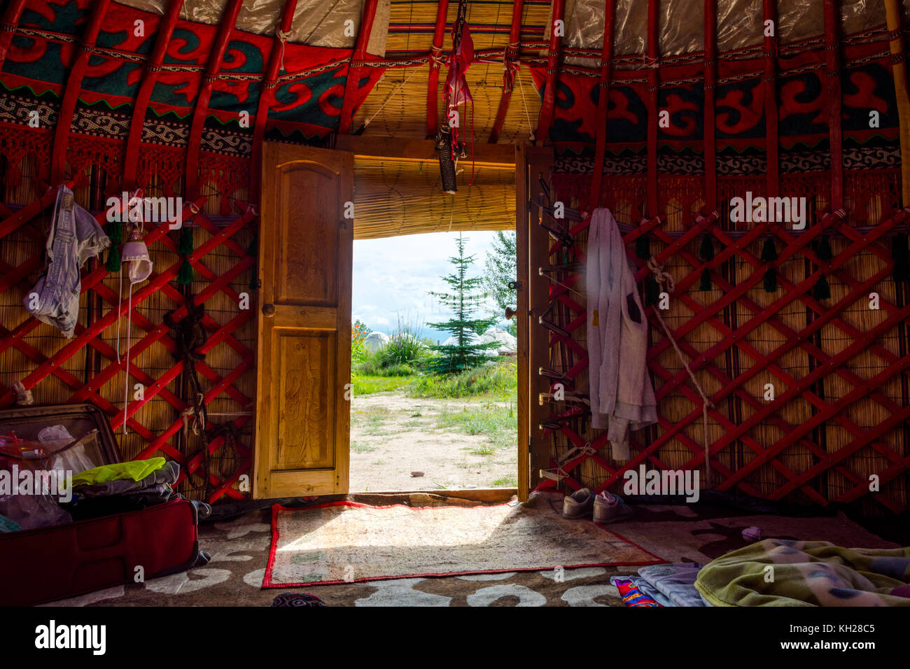View from the yurt, traditional nomad house to the outside Stock Photo ...