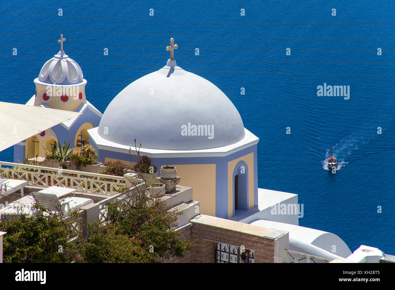 Orthodox church at the crater edge of Thira, Santorin island, Cyclades ...