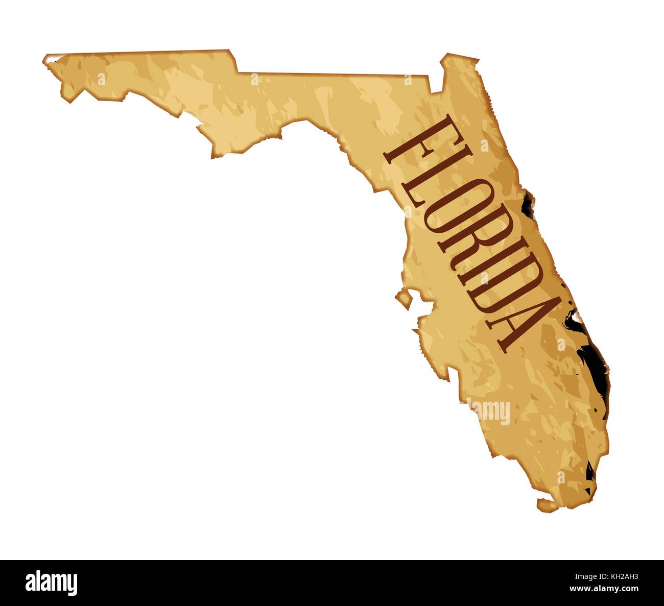 A parchment background of the map of the state of Florida over a white ...