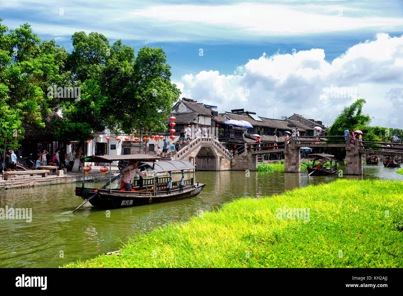 August 8, 2015. Xitang Town, China. Tourist boats on the water canals ...