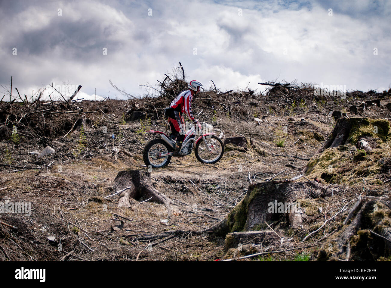 Motorcross bike rider on a cross trail showing of skills on a difficult ...