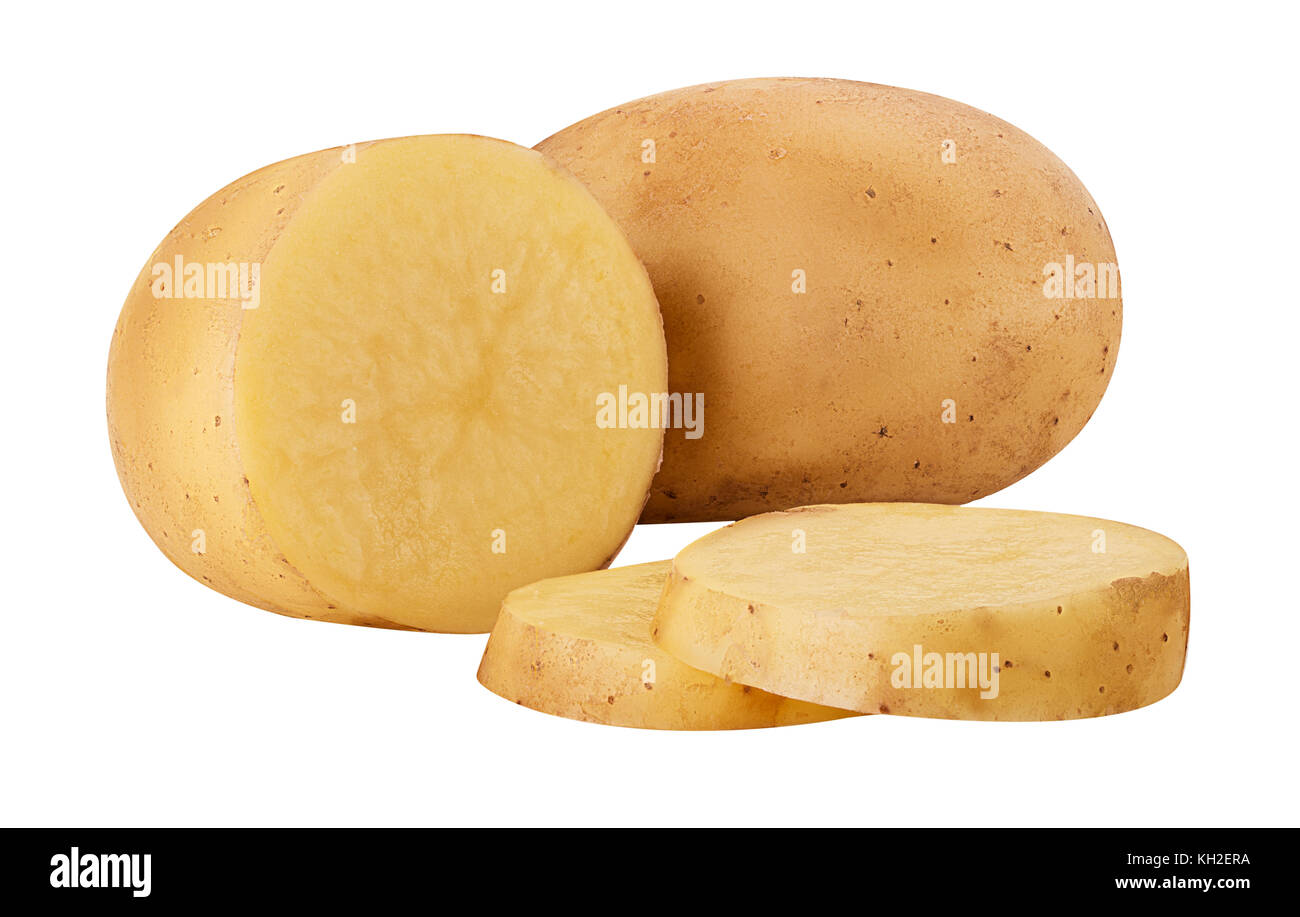 Young potatoes one cut in half with sliced isolated on white background ...