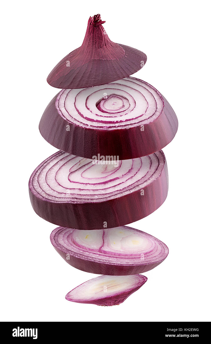 Red onion sliced and falling isolated on white background. Clipping ...