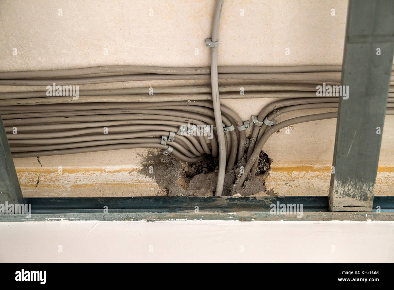 Power electric cables on the ceiling during renovation works Stock ...