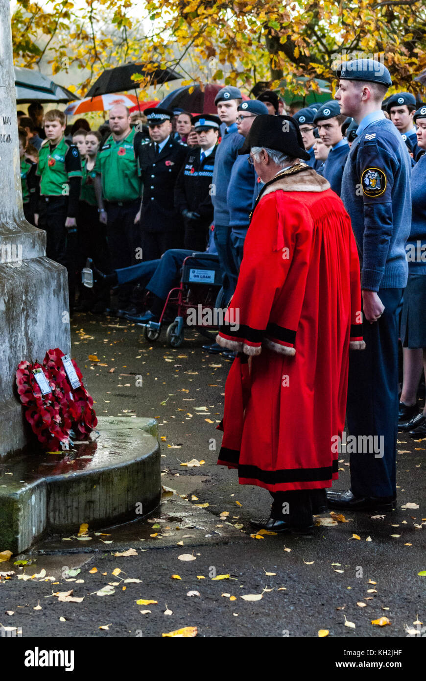 LEOMINSTER - NOVEMBER 12: Crowds gather around the Cenotaph to mark ...