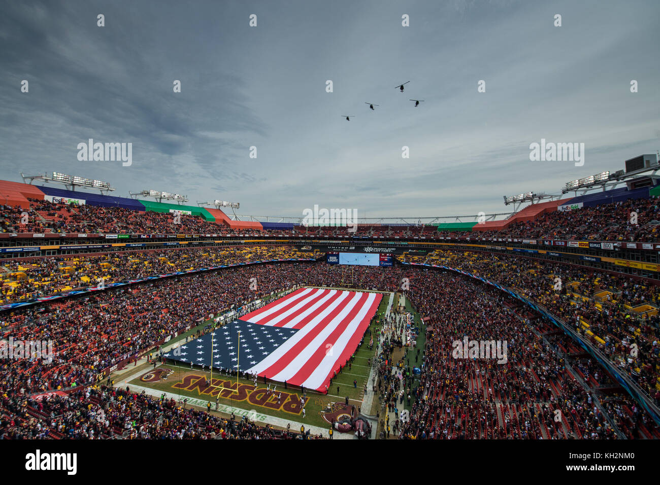 Landover, MD, USA. 12th Nov, 2017. Helicopters fly over the American ...